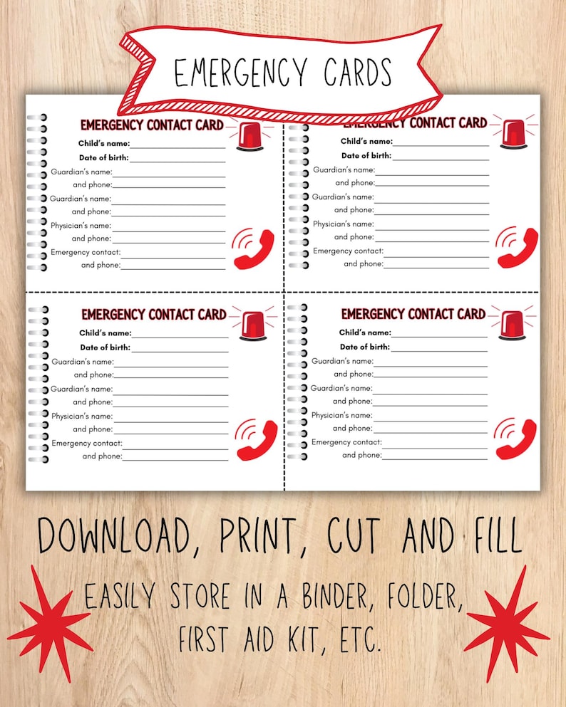 Childcare Emergency Card for Providers, Emergency Contact Card ...