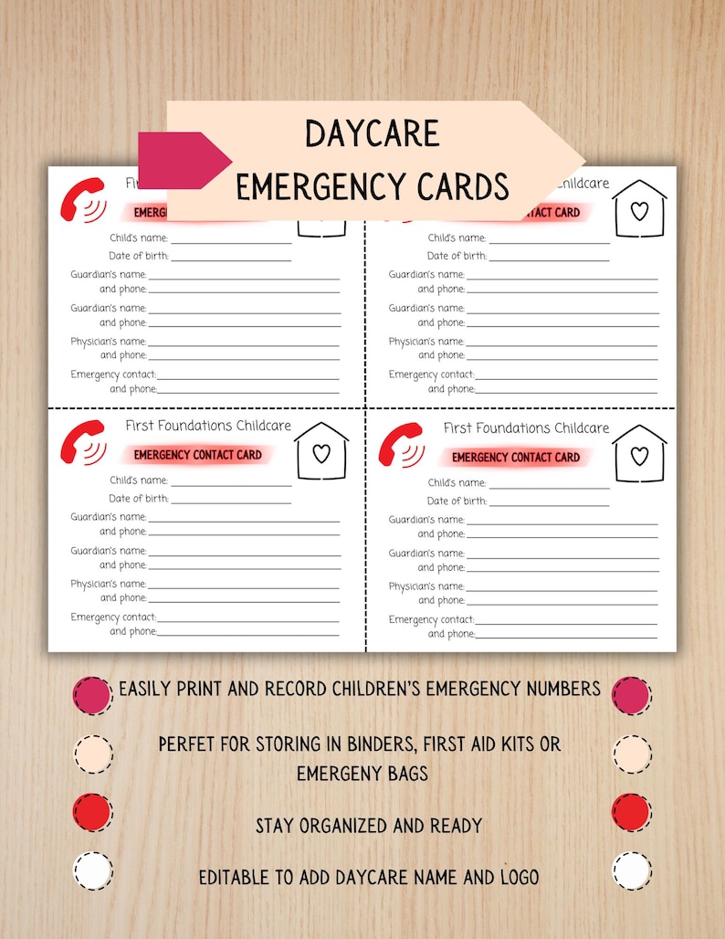 Emergency Contact Cards for Childcare Providers, Editable Contact Cards ...