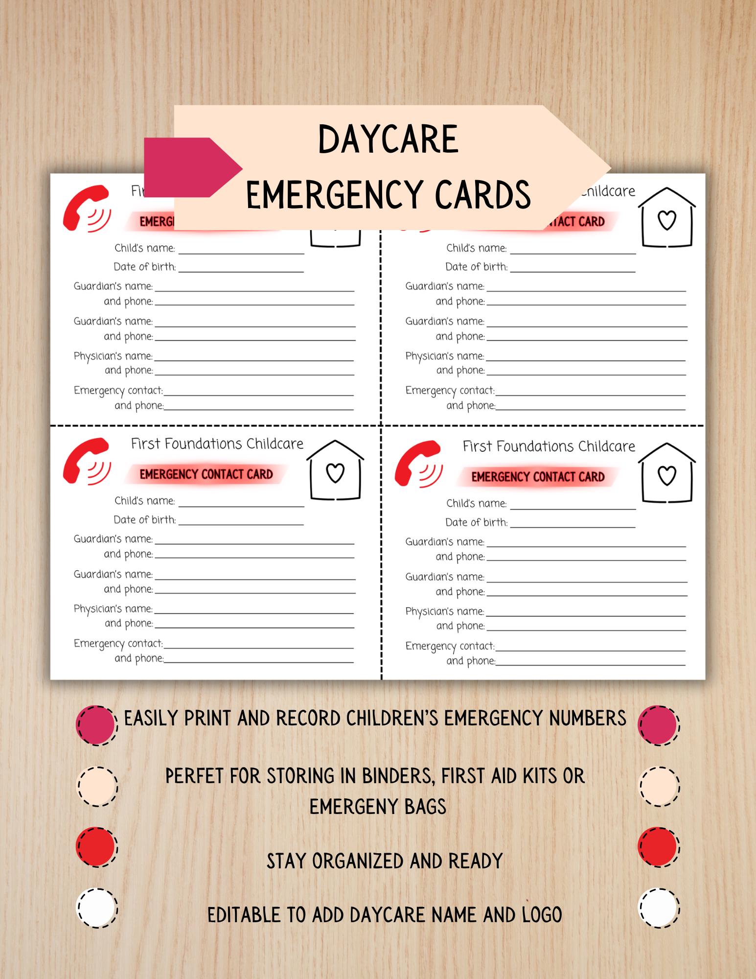 Emergency Contact Cards for Childcare Providers, Editable Contact Cards for Daycare, Daycare ...