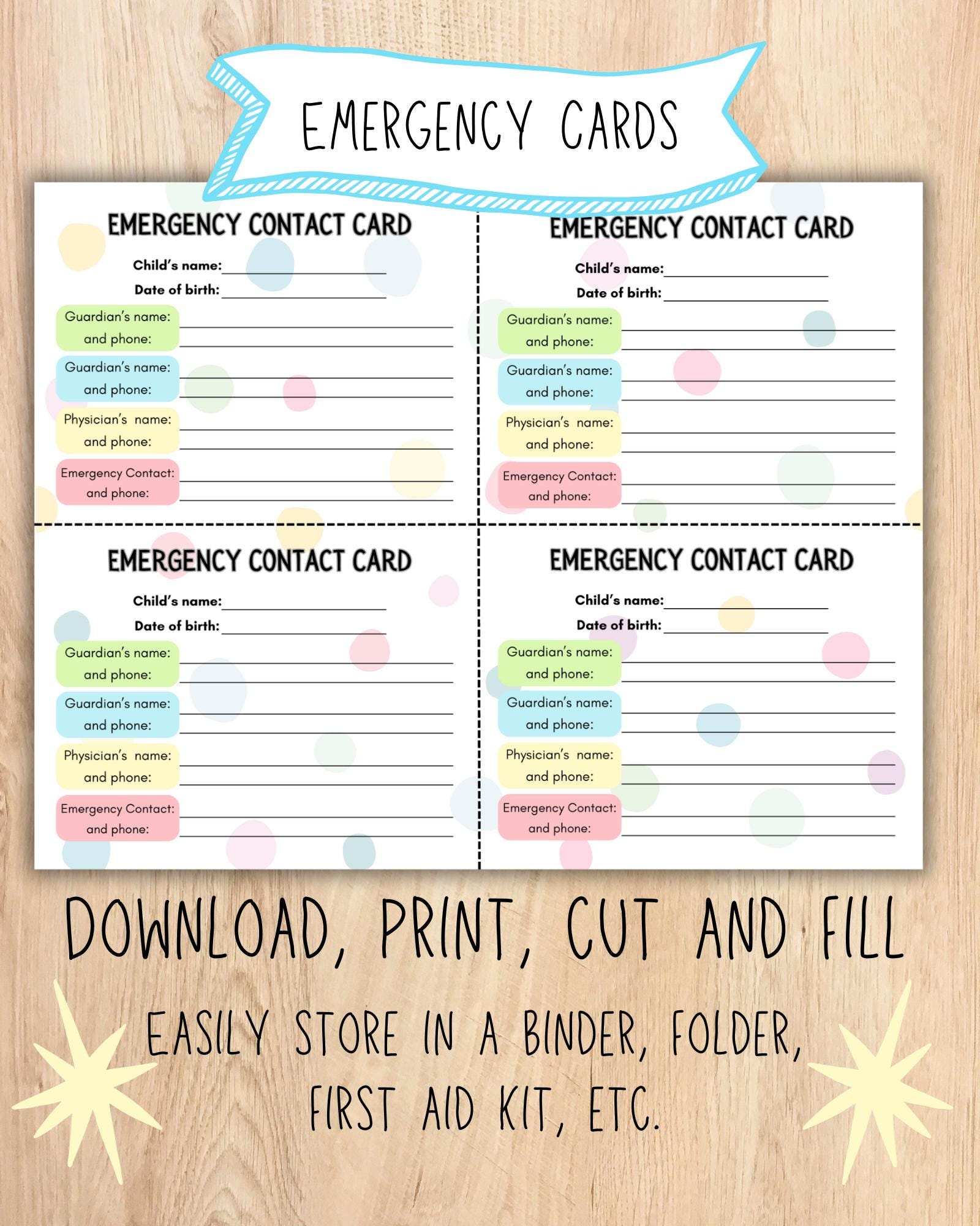 Childcare Emergency Card for Providers, Emergency Contact Card ...