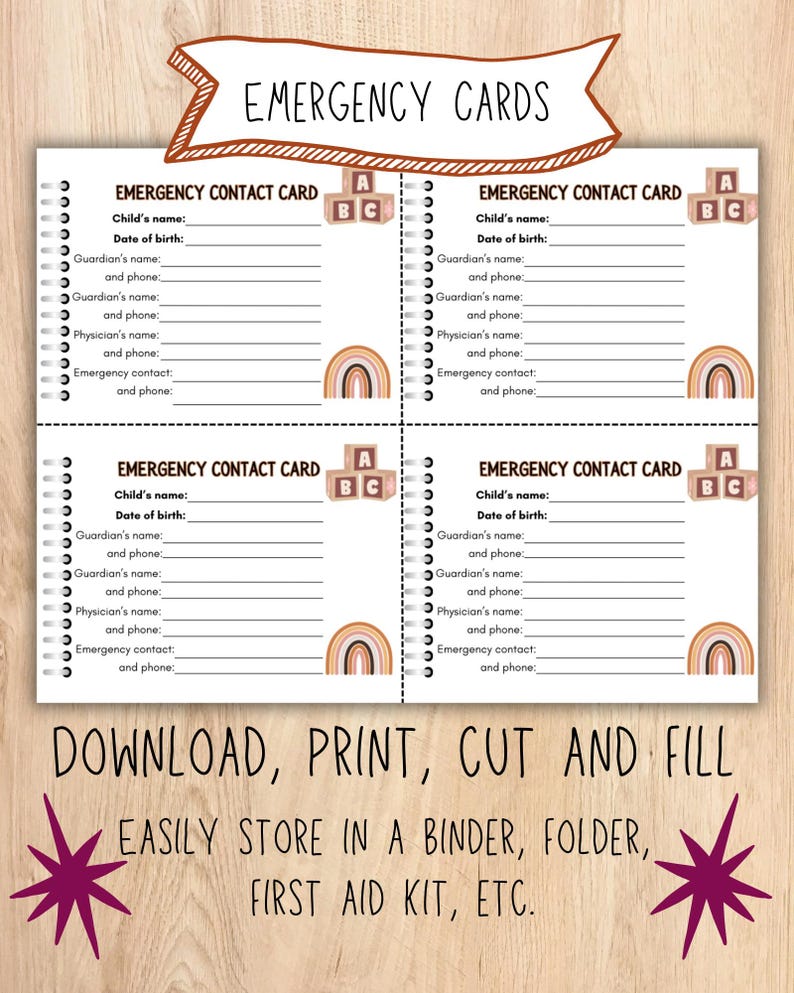 Printable Childcare Emergency Contact Cards, Organization for Daycare ...