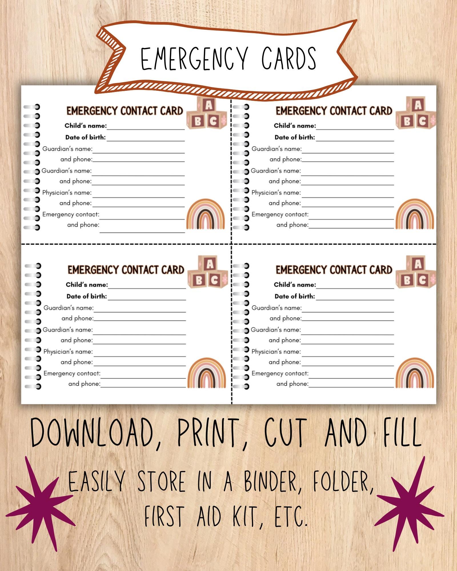 Printable Childcare Emergency Contact Cards, Organization for Daycare ...