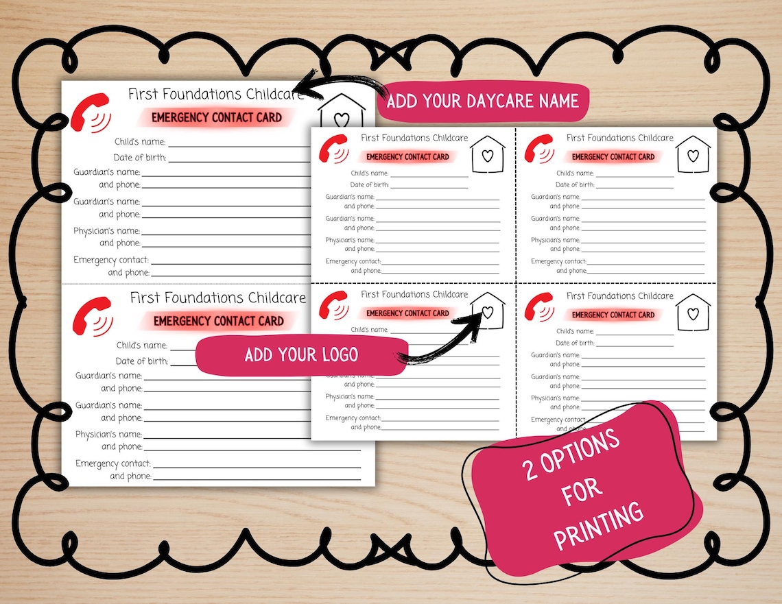 Emergency Contact Cards for Childcare Providers, Editable Contact Cards ...