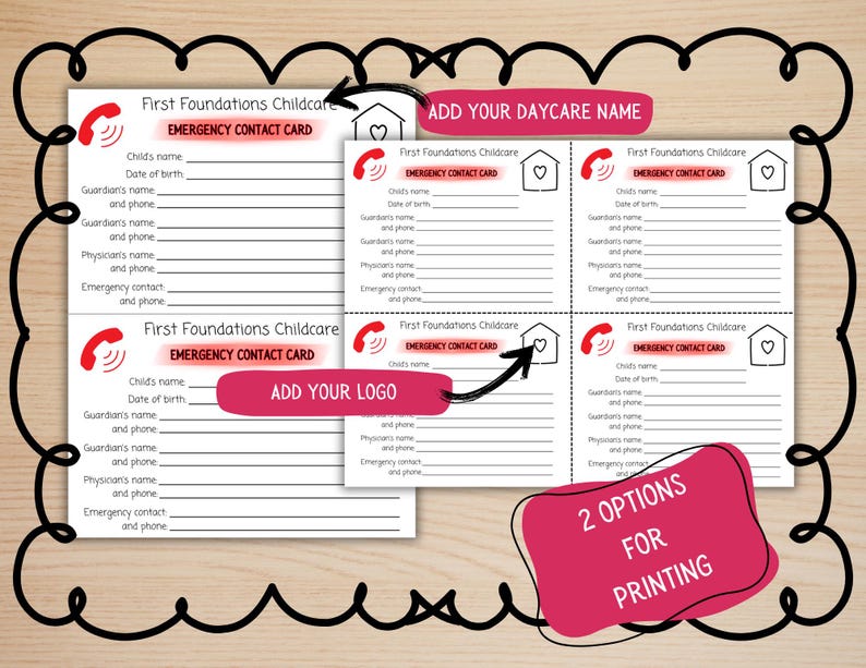 Emergency Contact Cards for Childcare Providers, Editable Contact Cards ...