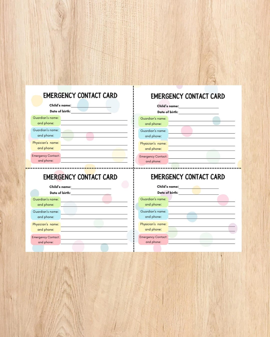 Childcare Emergency Card for Providers, Emergency Contact Card ...