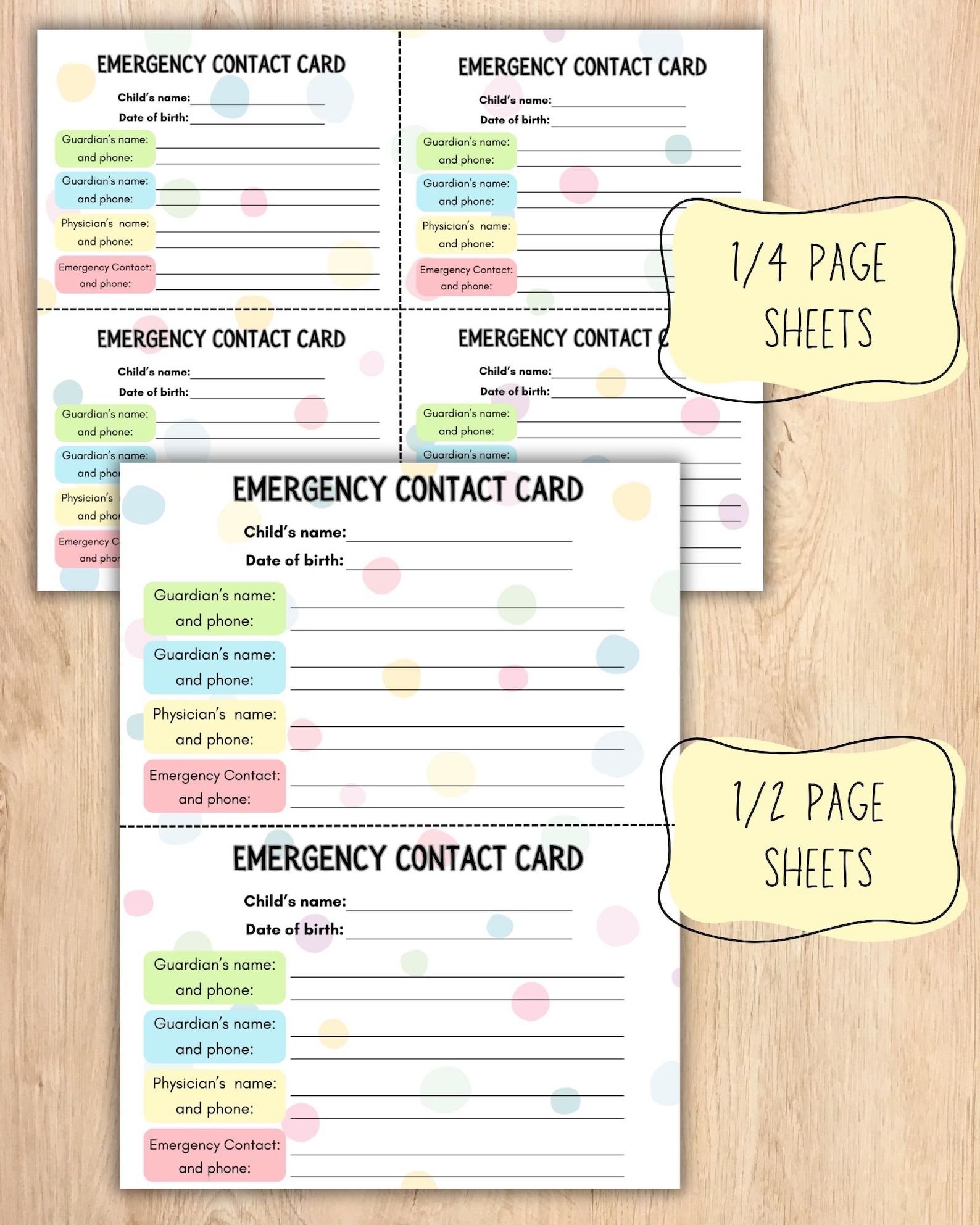 Childcare Emergency Card for Providers, Emergency Contact Card ...