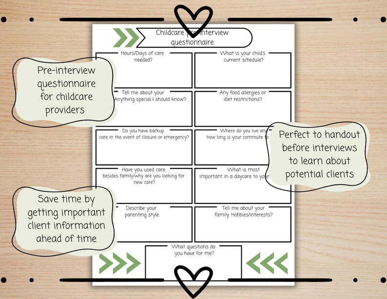 Childcare Pre-interview Questionnaire, Daycare Intake Form Digital ...