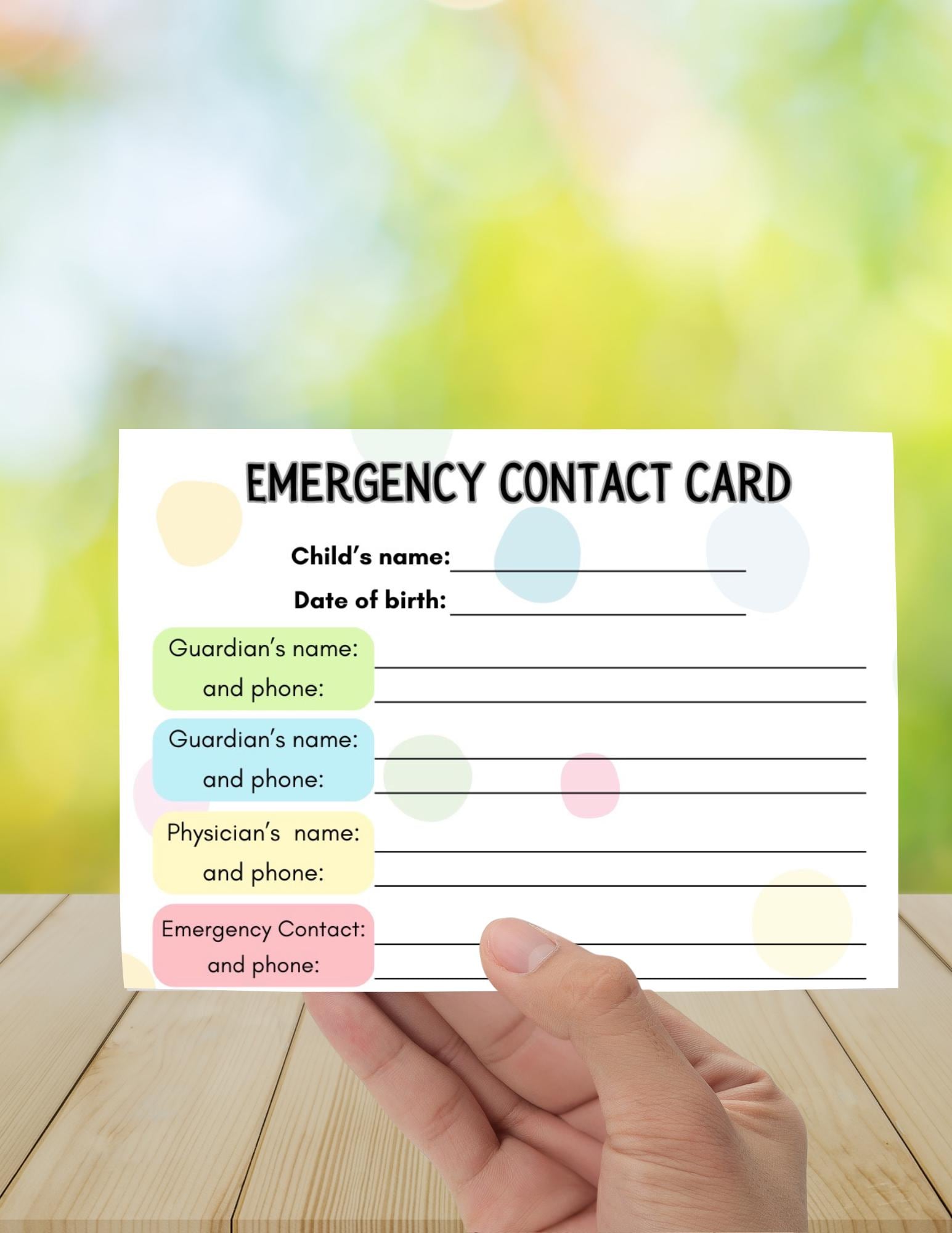 Childcare Emergency Card for Providers, Emergency Contact Card ...