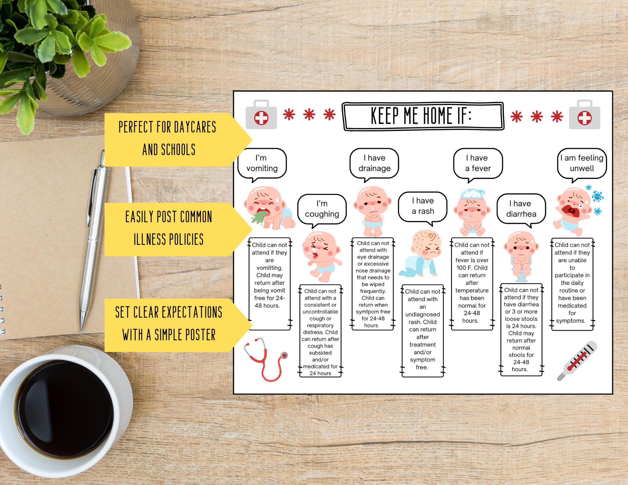 Illness Policy Poster for Daycare or School, Keep Me Home If Sick ...