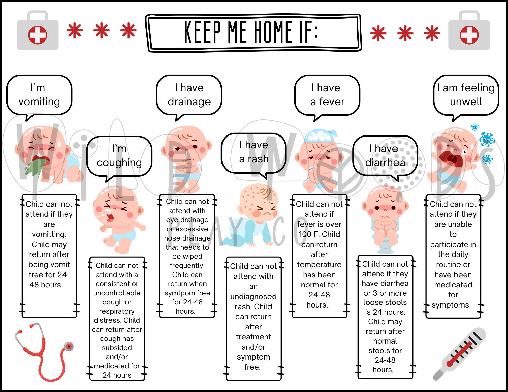 Illness Policy Poster for Daycare or School, Keep Me Home If Sick ...