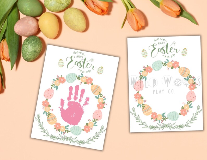 Easter Handprint Wreath Printable, Pastel Easter Craft for Kids, DIY ...