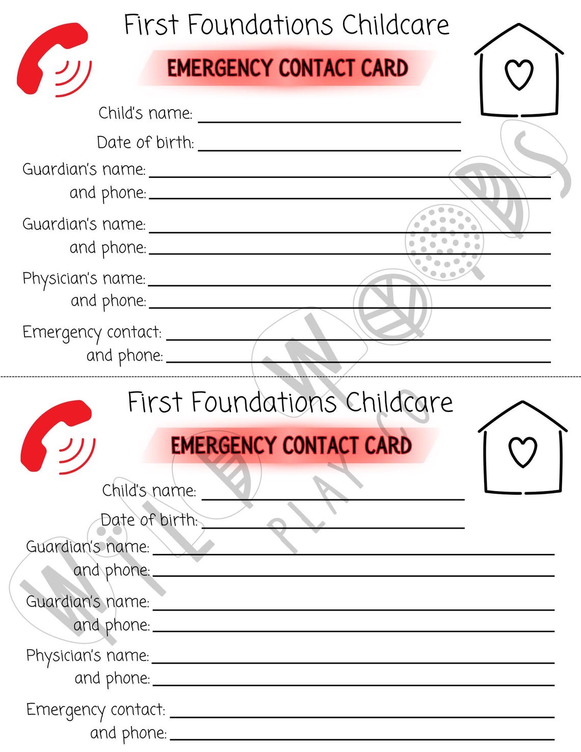 Emergency Contact Cards for Childcare Providers, Editable Contact Cards ...