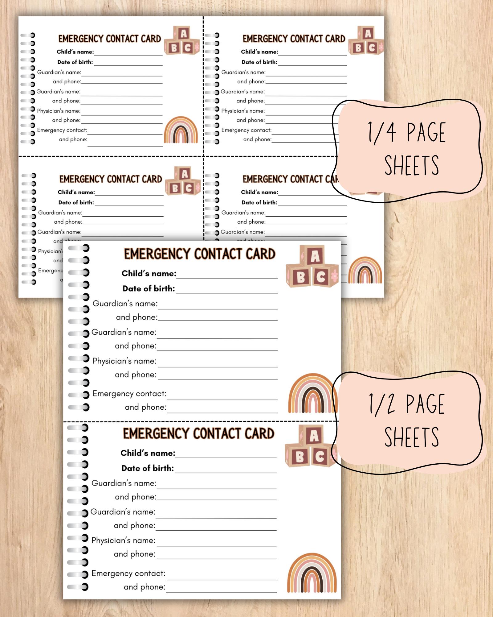 Printable Childcare Emergency Contact Cards, Organization for Daycare ...