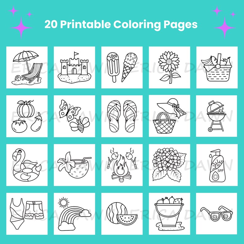 Summer Bliss Printable Coloring Pages, Bold and Easy Designs for Adults ...