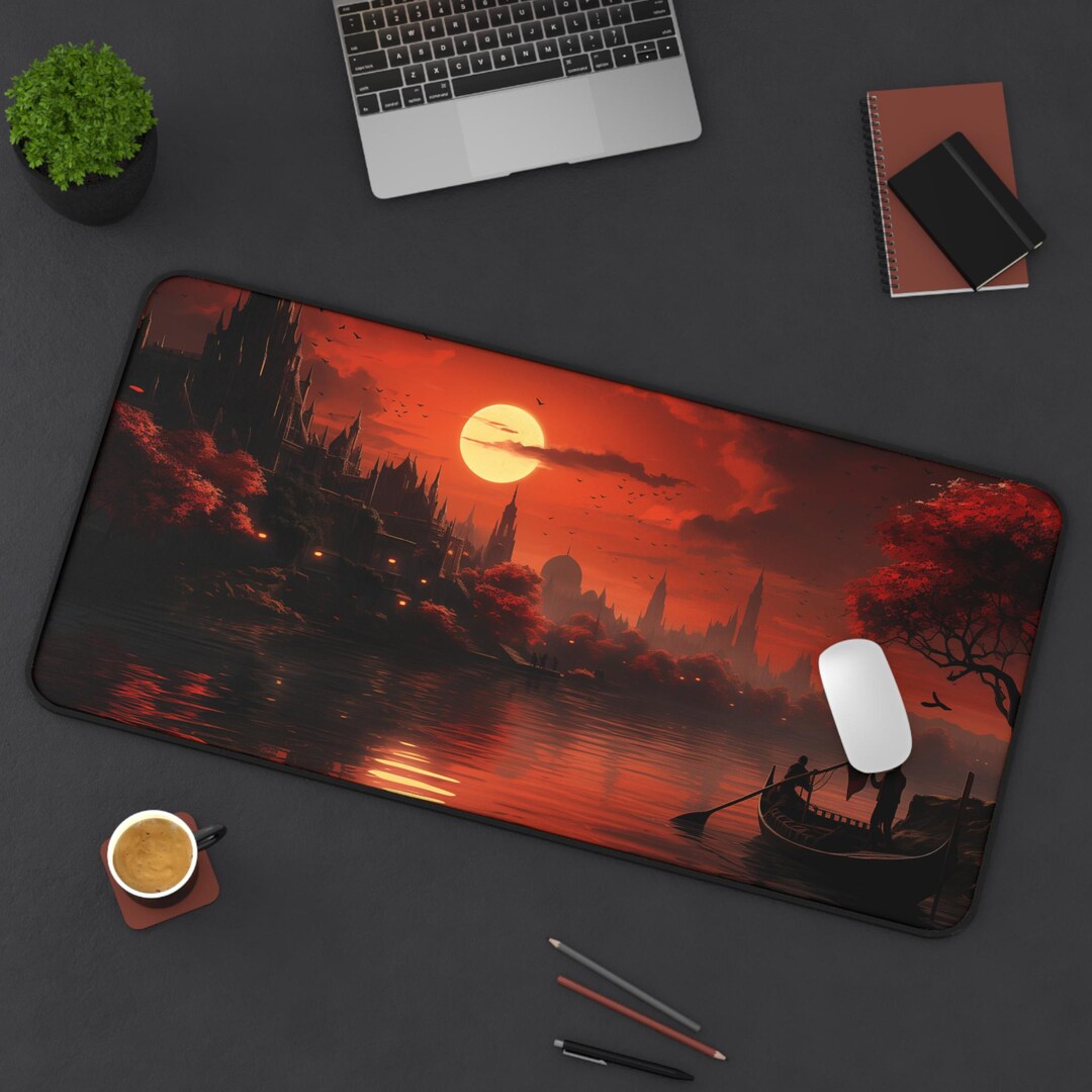 Horror Desk Decor, Gothic Town at Night, Red and Black Desk Mat ...