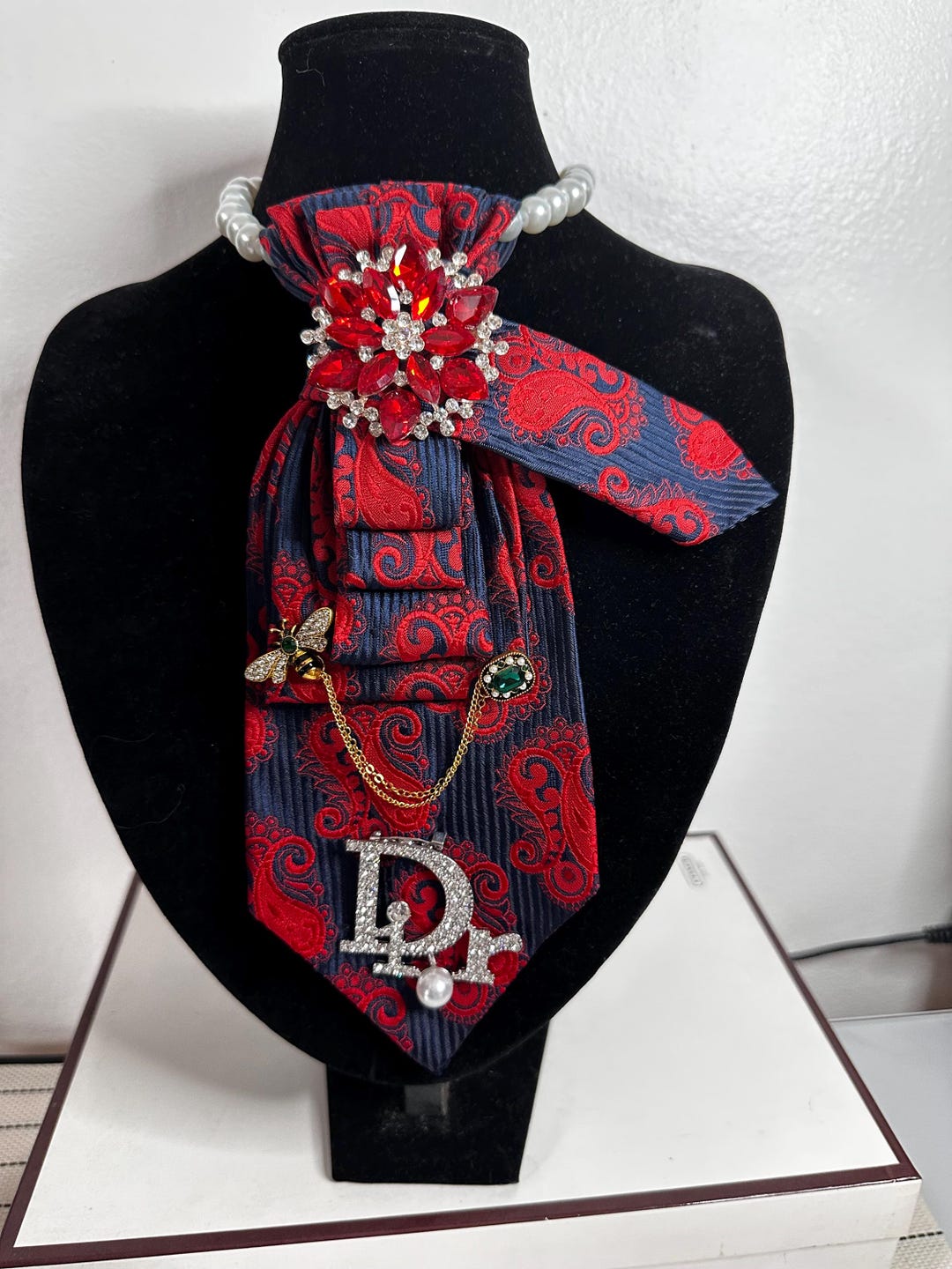Custom OOAK Necktie With Statement Brooch and Designer Inspired Tie Pin ...