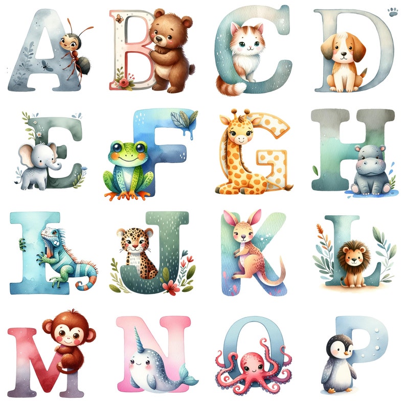 Animal Alphabet Clipart Bundle Printable Letters Cute Animal Clipart ...