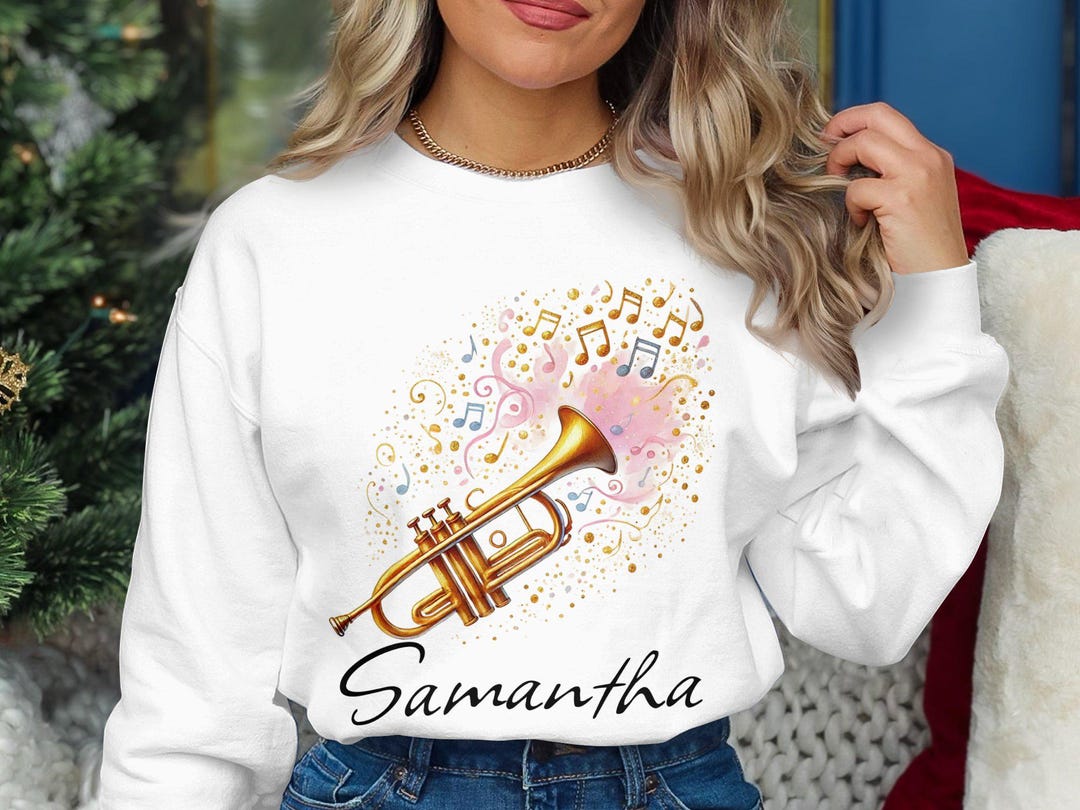 Custom Name Music Note Trumpet Sweatshirt, Colorful Musical Instrument ...