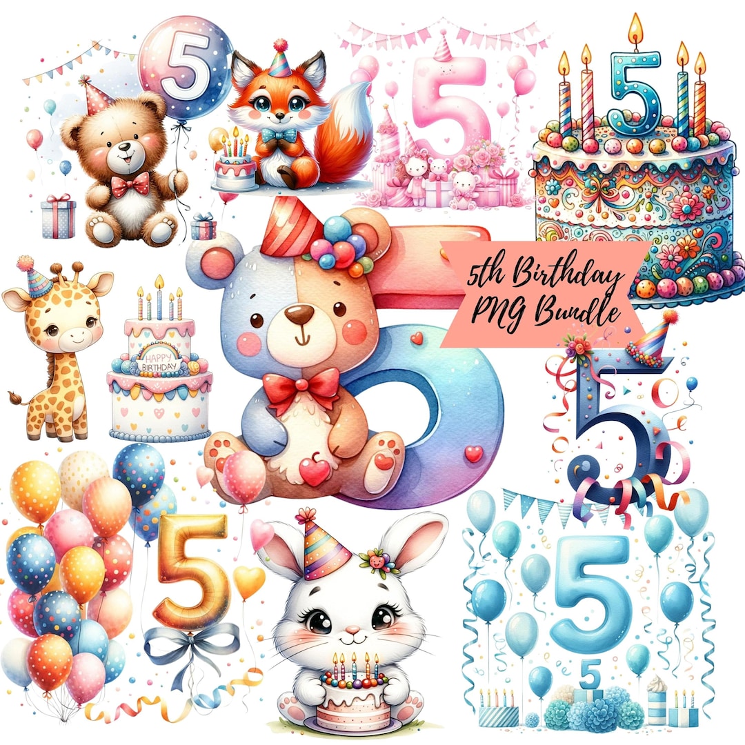 5th Birthday PNG Bundle, Fifth Birthday Girl and Boy Clipart, Birthday Cake Illustration, 5th ...