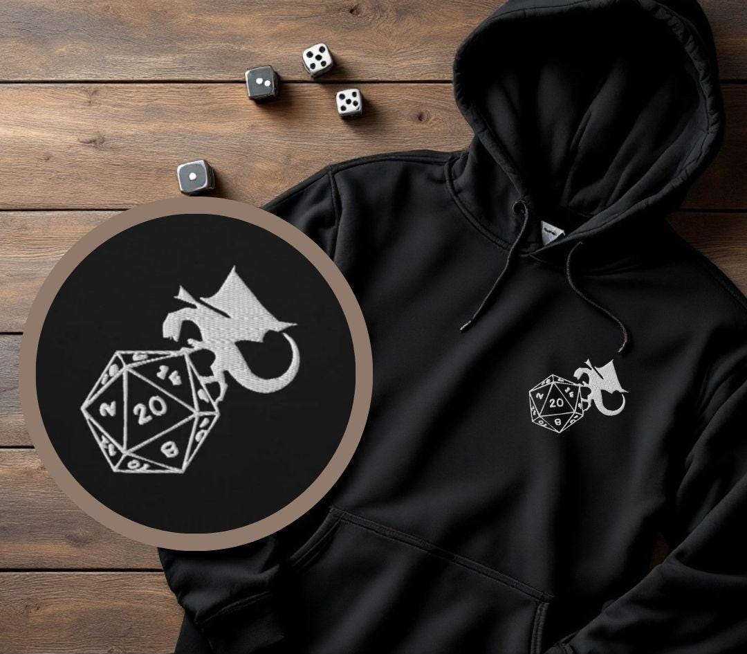 Embroidered D20 and Dragon Hoodie, Dungeons Sweatshirt, Tabletop RPG ...