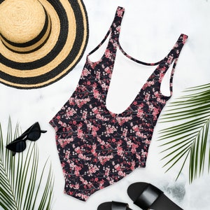 One Piece Swimsuit Cherry Blossom Print, Womens Swimsuit Floral ...