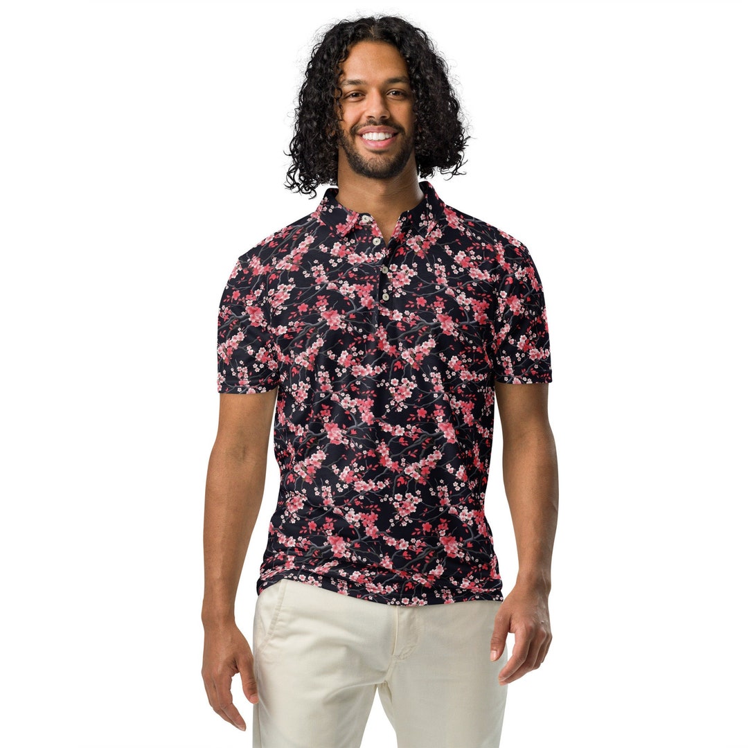 Cherry Blossom Men's Slim Fit Polo Shirt, Stylish Floral Design Polo ...