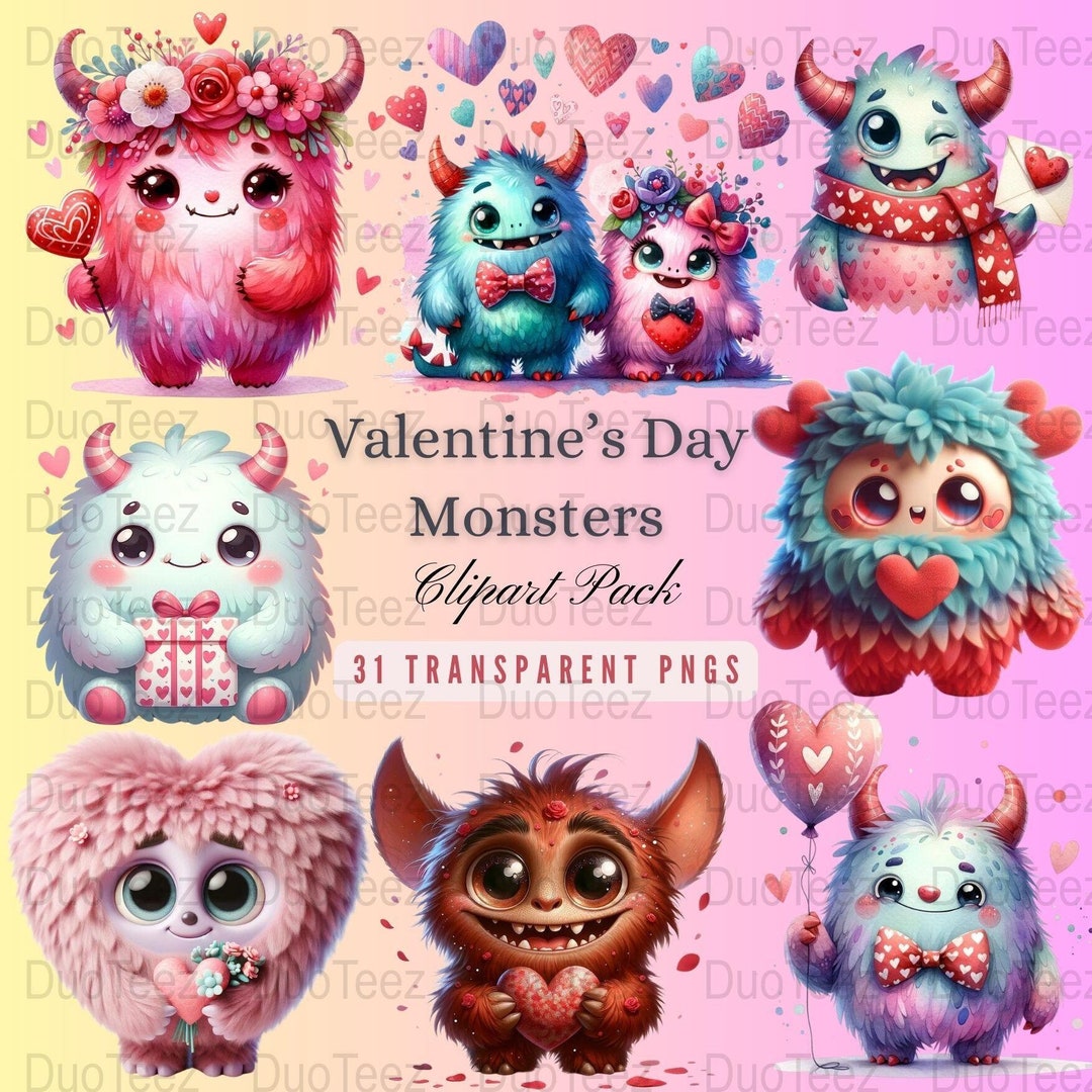 Valentines Day Cute Monsters Clipart Bundle, Digital Download ...