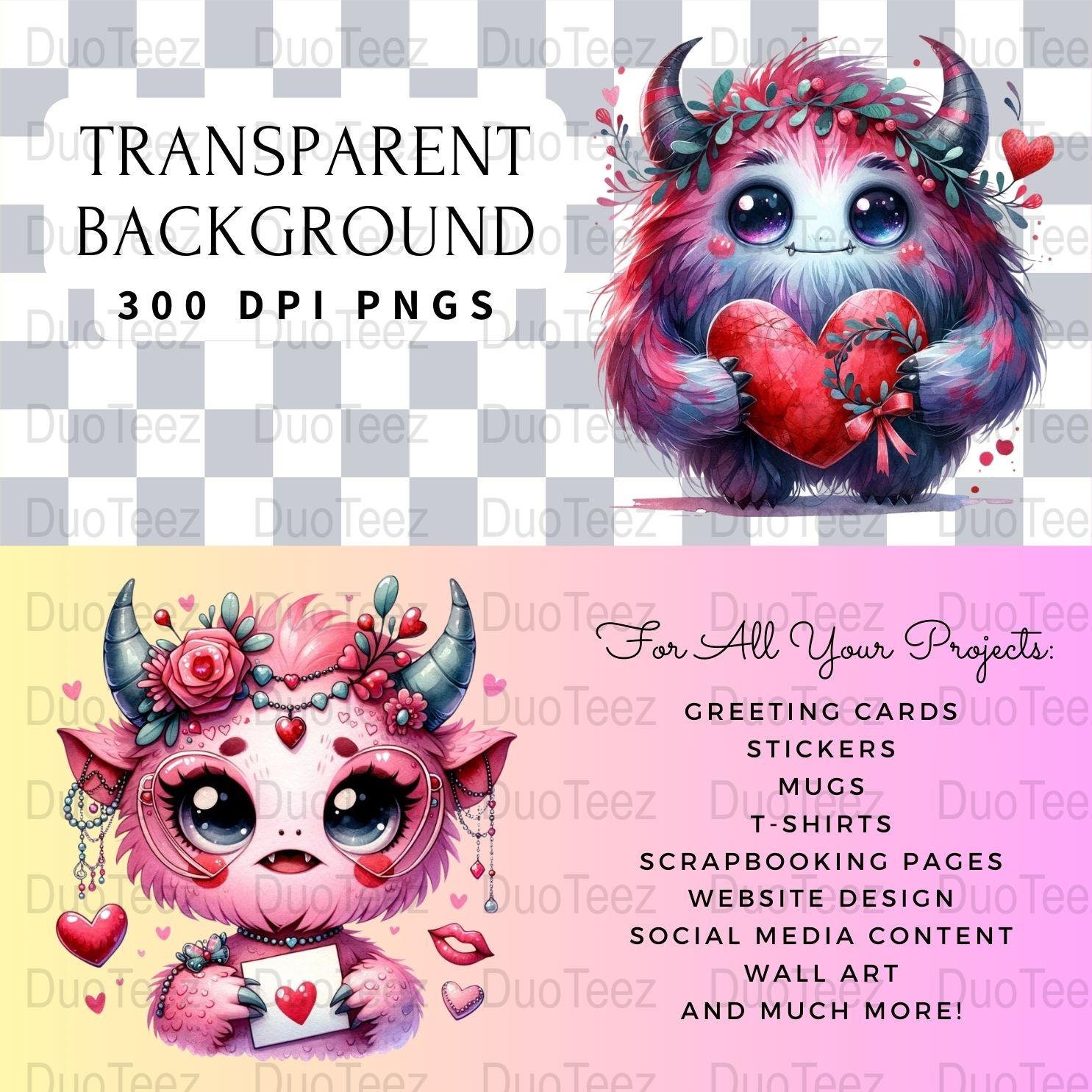 Valentines Day Cute Monsters Clipart Bundle, Digital Download ...