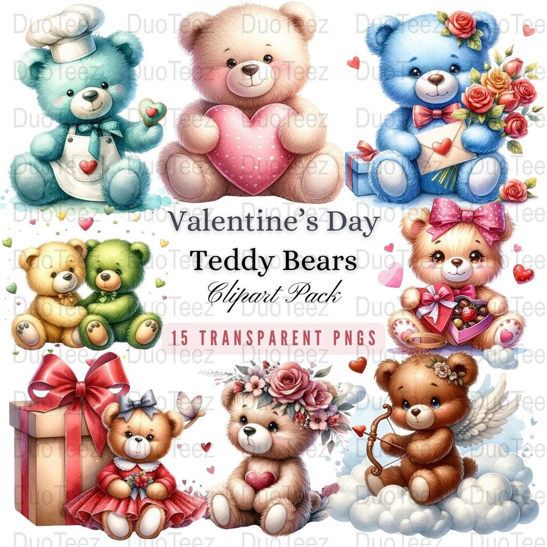 Teddy Bear Valentines Day Clipart Bundle, Watercolor Bear Love, Digital ...