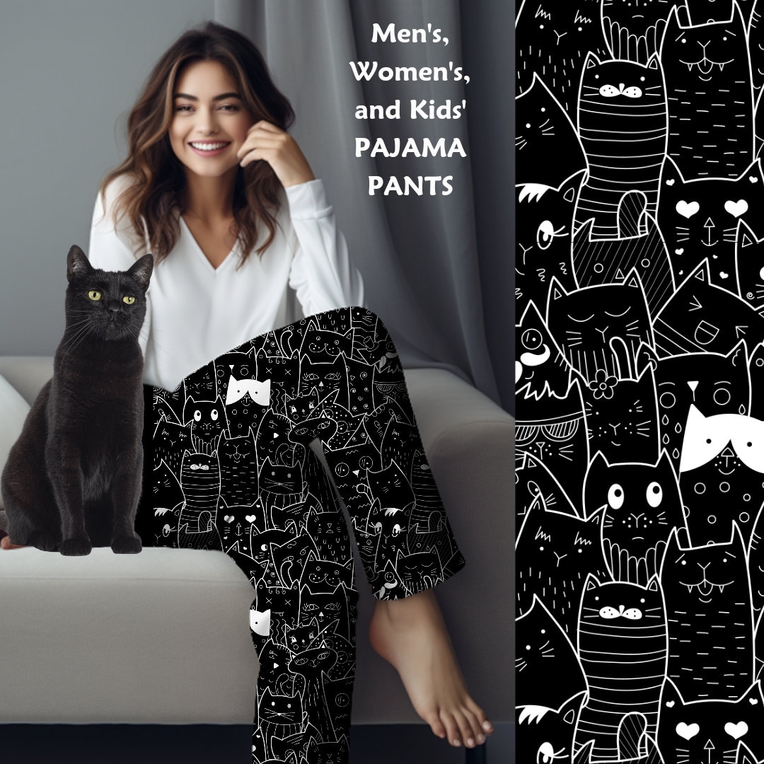 Family Matching Cat Pajama Pants for Women, Men and Kids – Black and ...