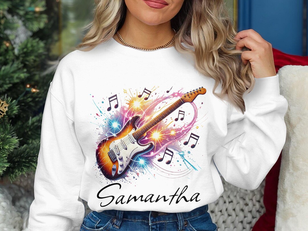 Custom Name Electric Guitar Musical Notes Graphic Sweatshirt, Music ...
