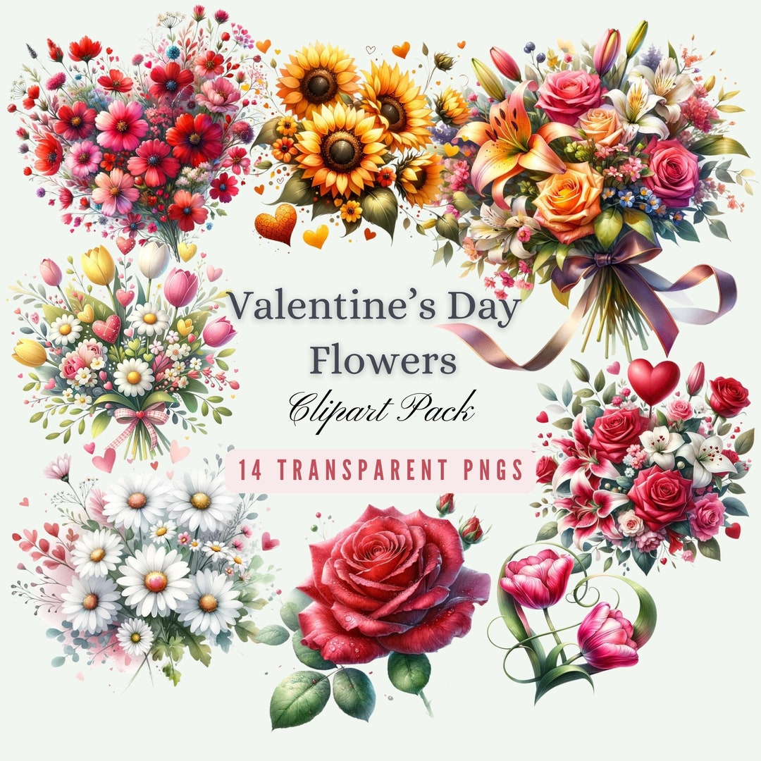 Valentine's Day Flower Clipart Pack, 14 Transparent Pngs, Digital ...