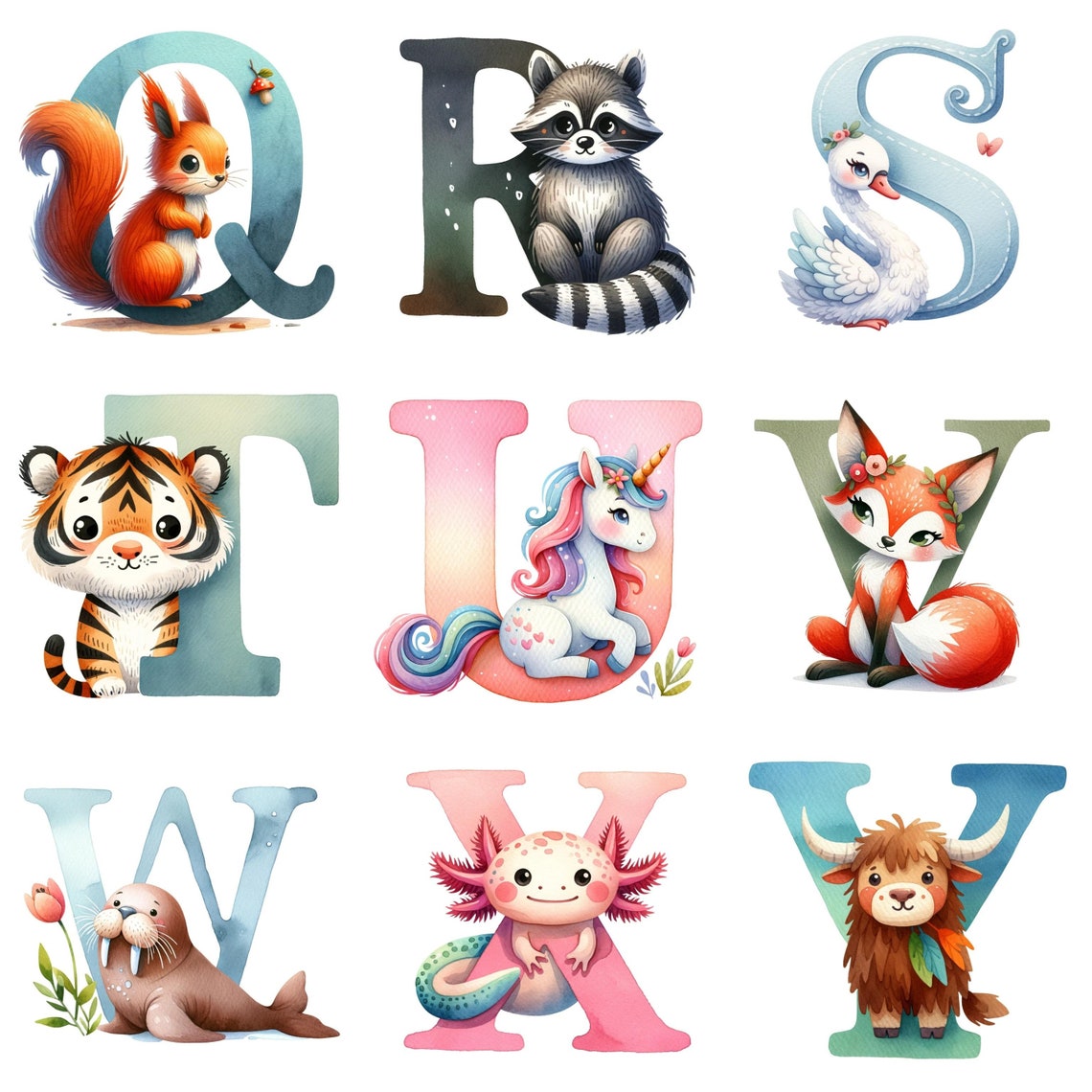 Animal Alphabet Clipart Bundle Printable Letters Cute Animal Clipart ...