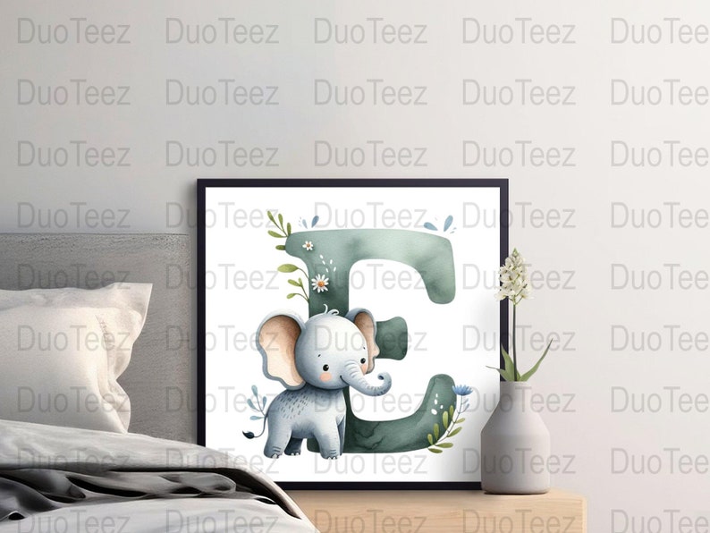 Nursery Alphabet Wall Art, Watercolor Elephant Letter E, Kids Room ...