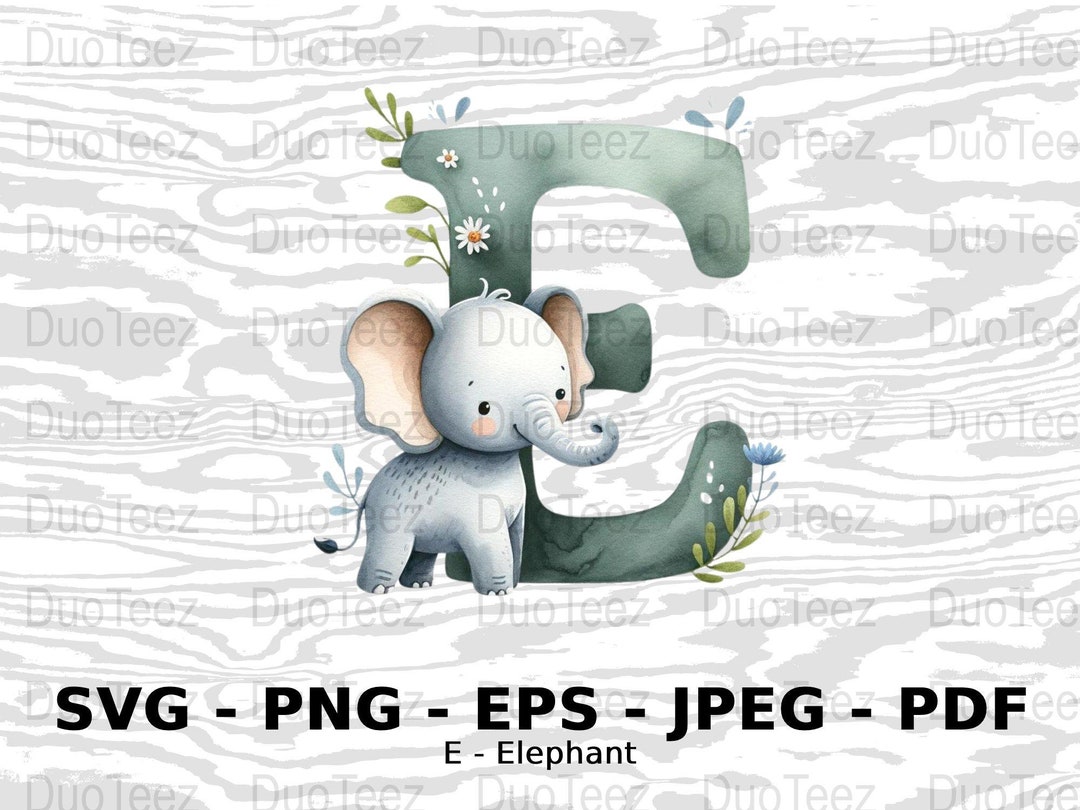 Nursery Alphabet Wall Art, Watercolor Elephant Letter E, Kids Room ...