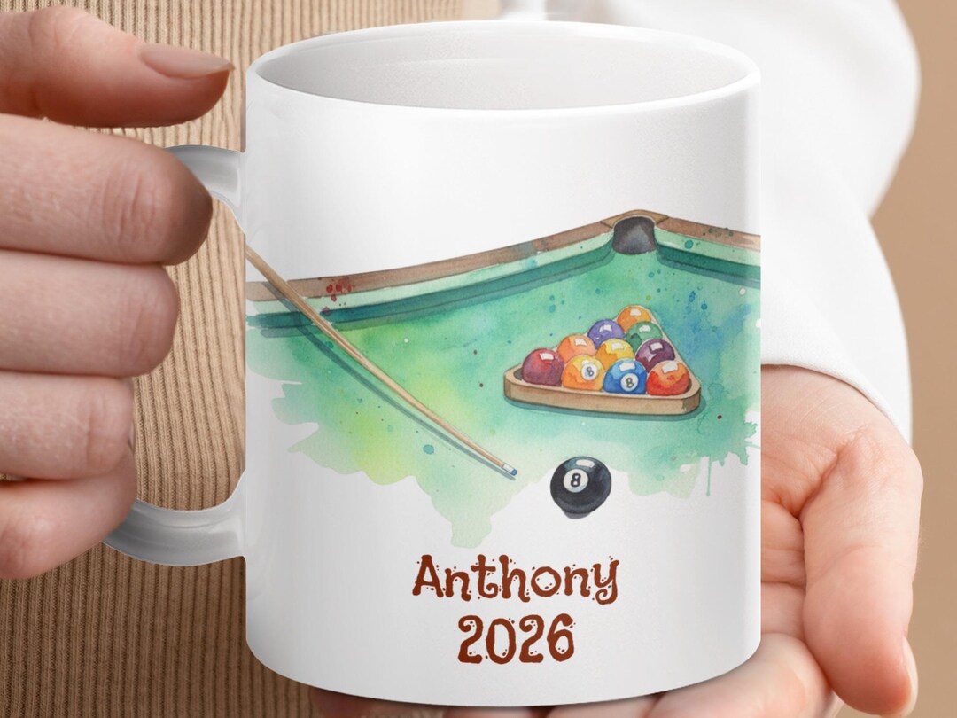 Custom Name Billiards Mug, Pool Player Gift, Watercolor Billiard Table ...