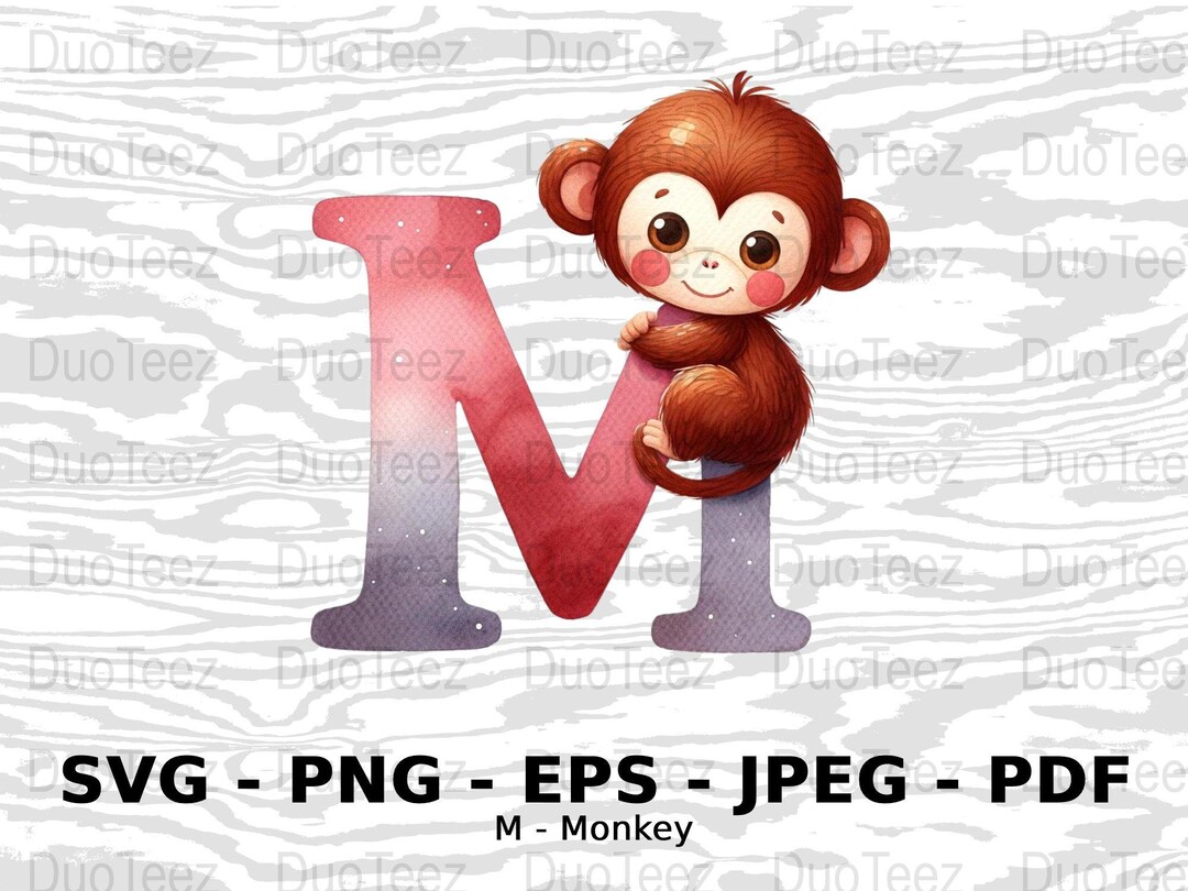 Cute Monkey Alphabet Letter M Nursery Wall Art, Printable Kids Room ...