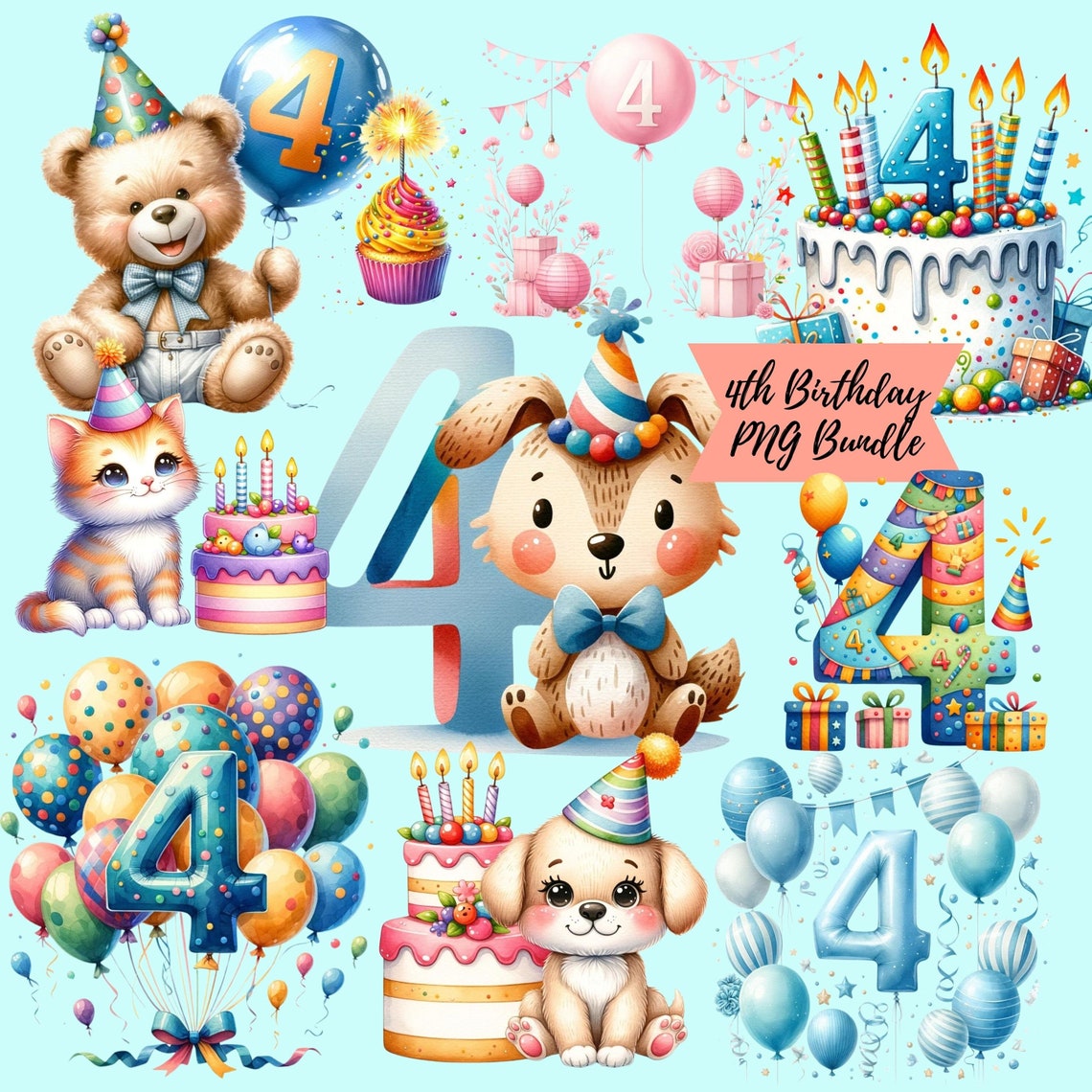 4th Birthday PNG Bundle, Fourth Birthday Girl and Boy Clipart, Birthday ...