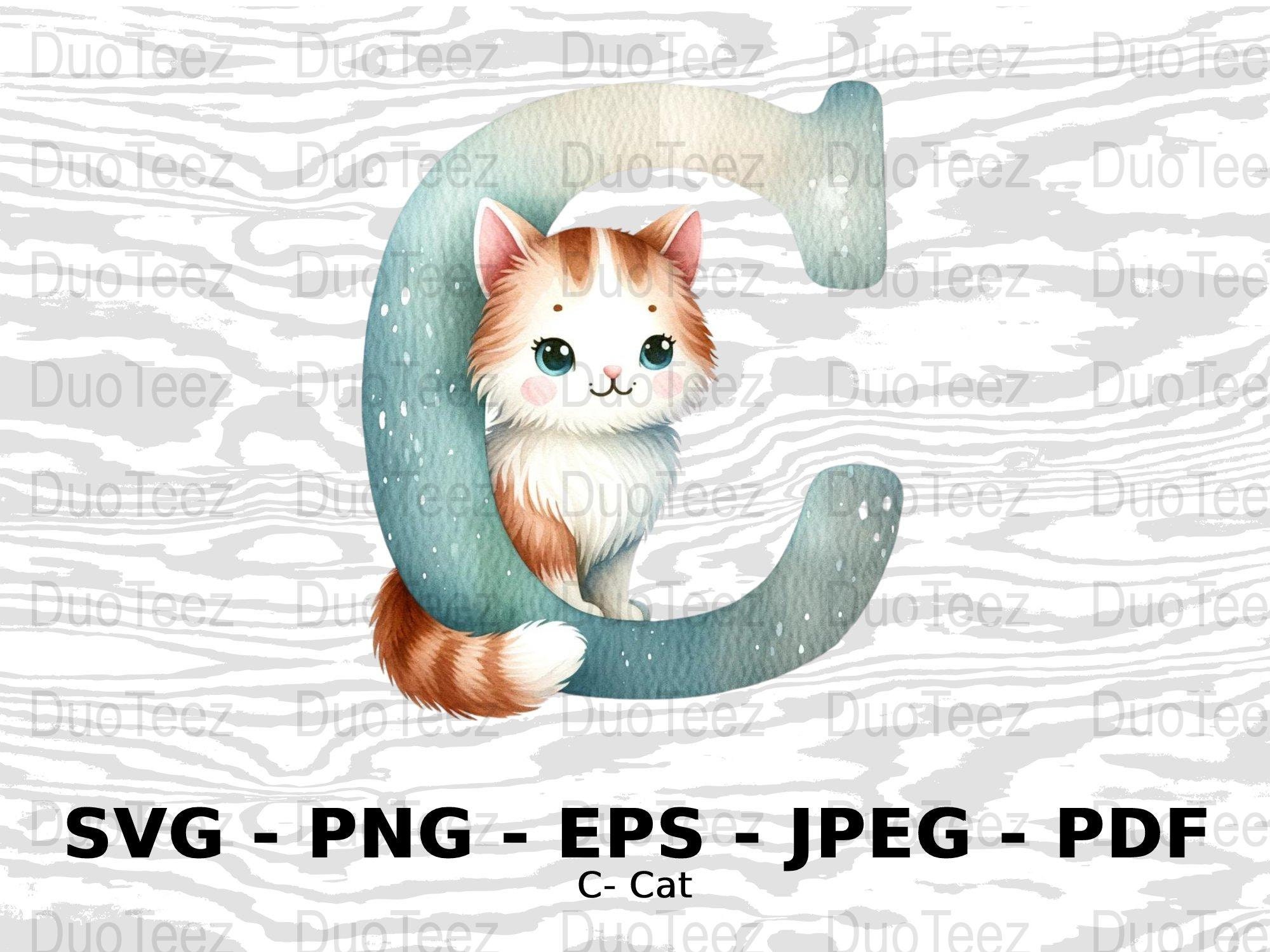 Alphabet Cat Letter C Art SVG, PNG Cute Kitten Digital Printable ...
