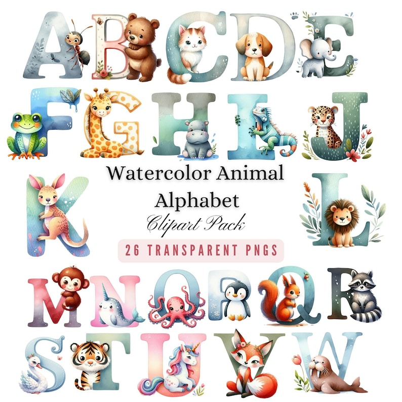 Animal Alphabet Clipart Bundle Printable Letters Cute Animal Clipart ...