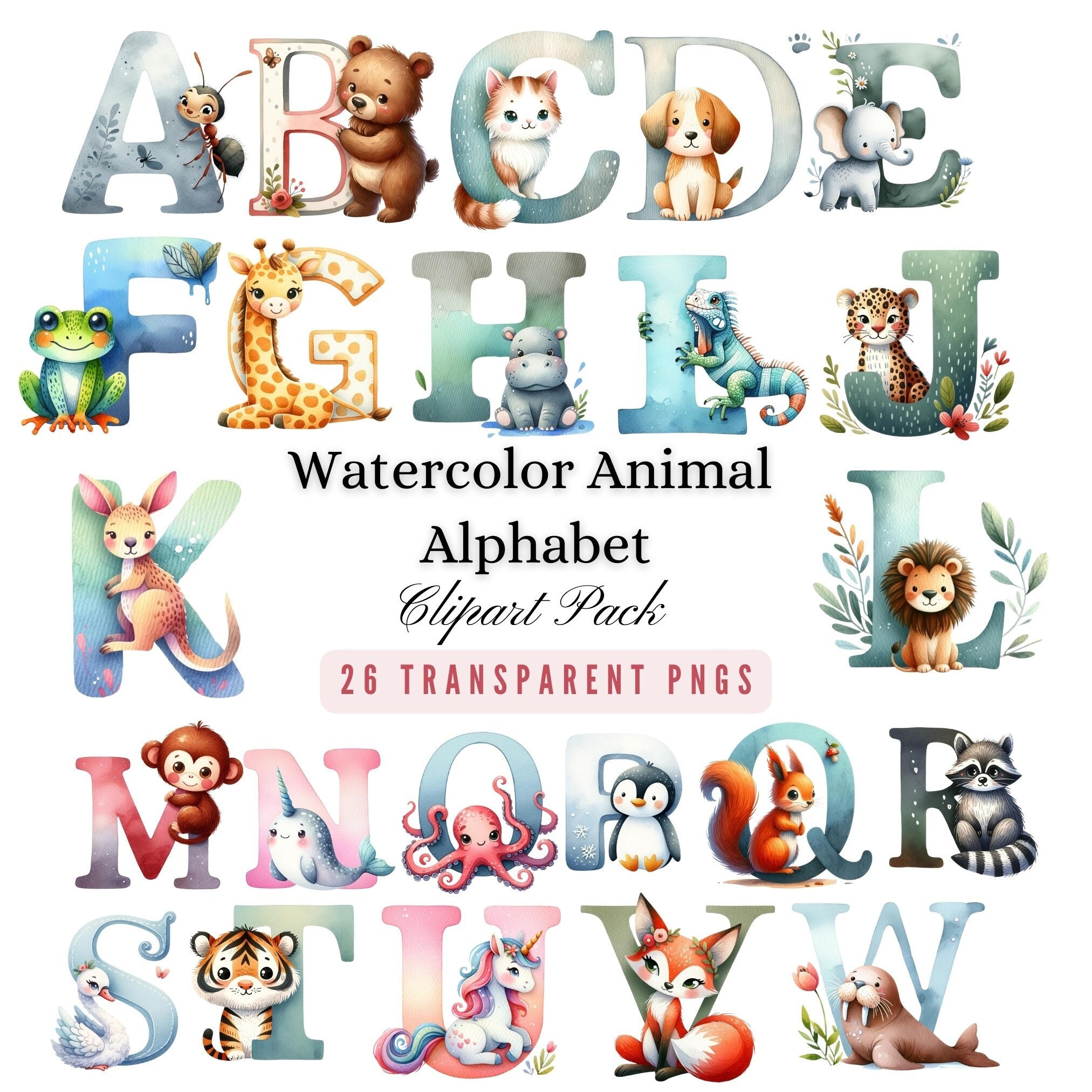 Animal Alphabet Clipart Bundle Printable Letters Cute Animal Clipart ...
