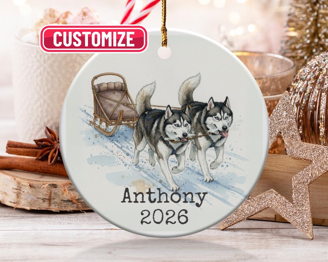 Personalized Dog Sled Ornament, Husky Sledding Team, Custom Name Year ...