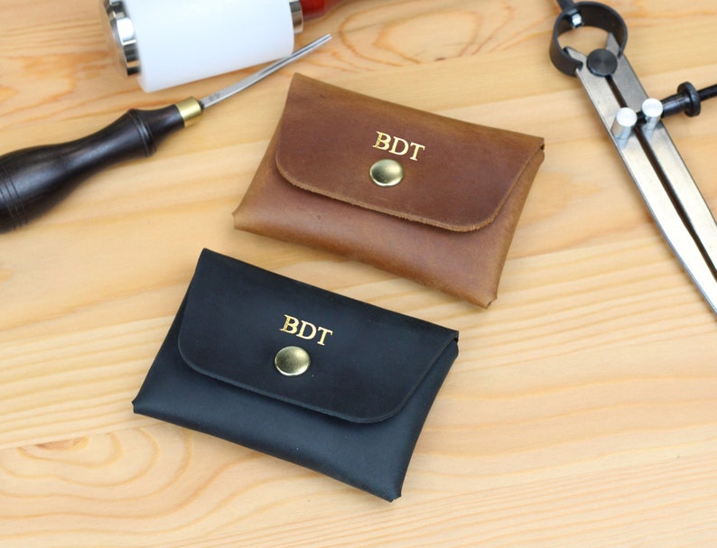 Personalized Brown Leather Card Wallet, Embossed Initials, Gold Foil ...