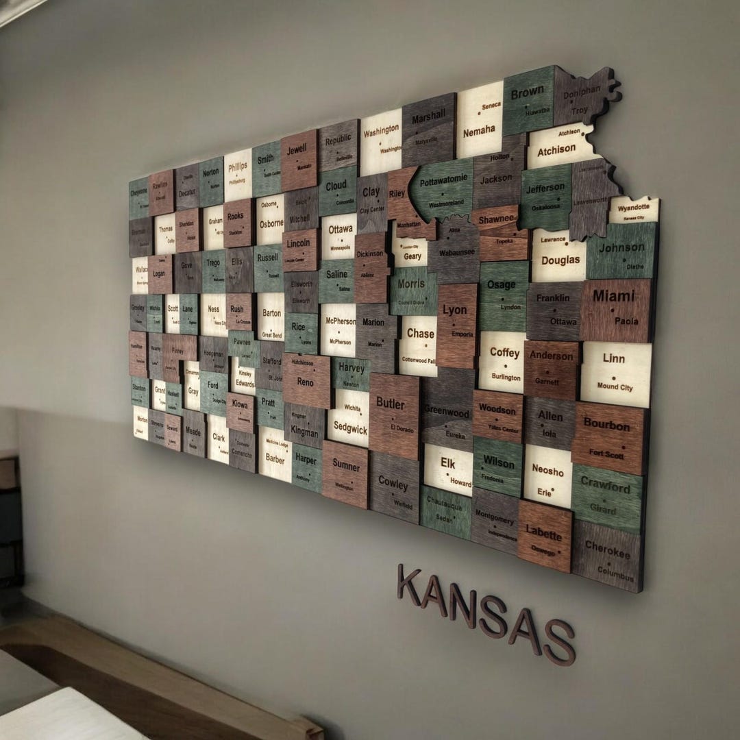 Handcrafted Kansas State Wood Map, Custom Kansas Rustic Wooden Wall Art ...
