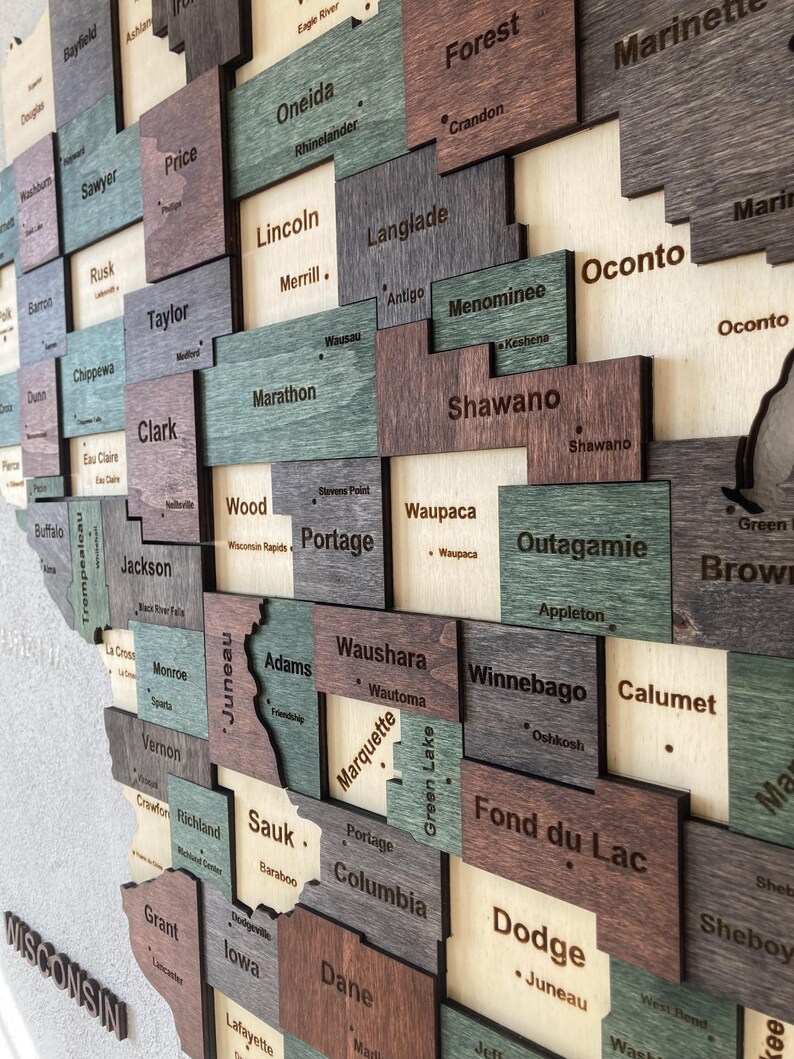 3D Wooden Wisconsin Map, Wisconsin Map Wall Decor, Rustic Wooden Wall ...