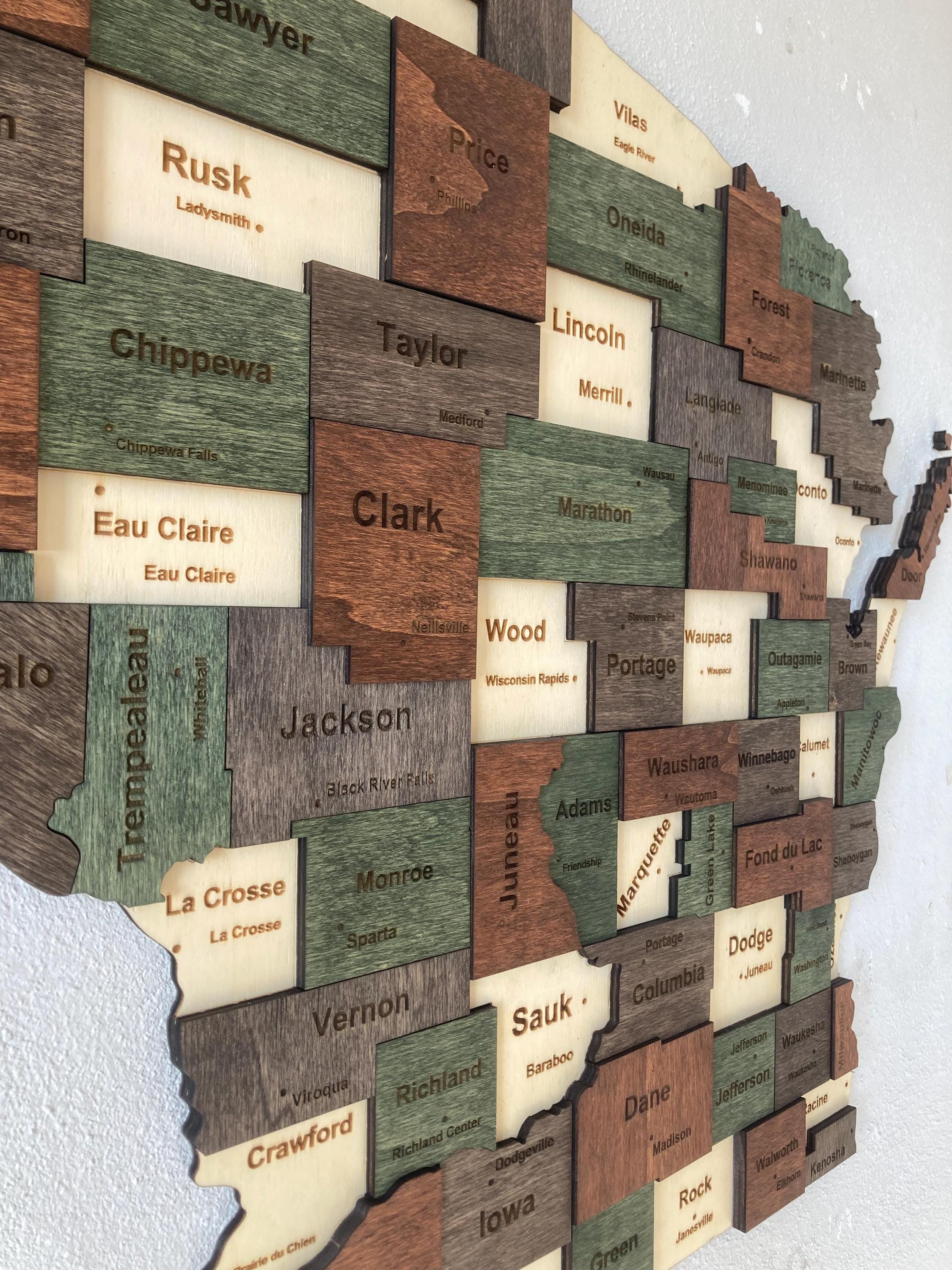 3D Wooden Wisconsin Map, Wisconsin Map Wall Decor, Rustic Wooden Wall ...
