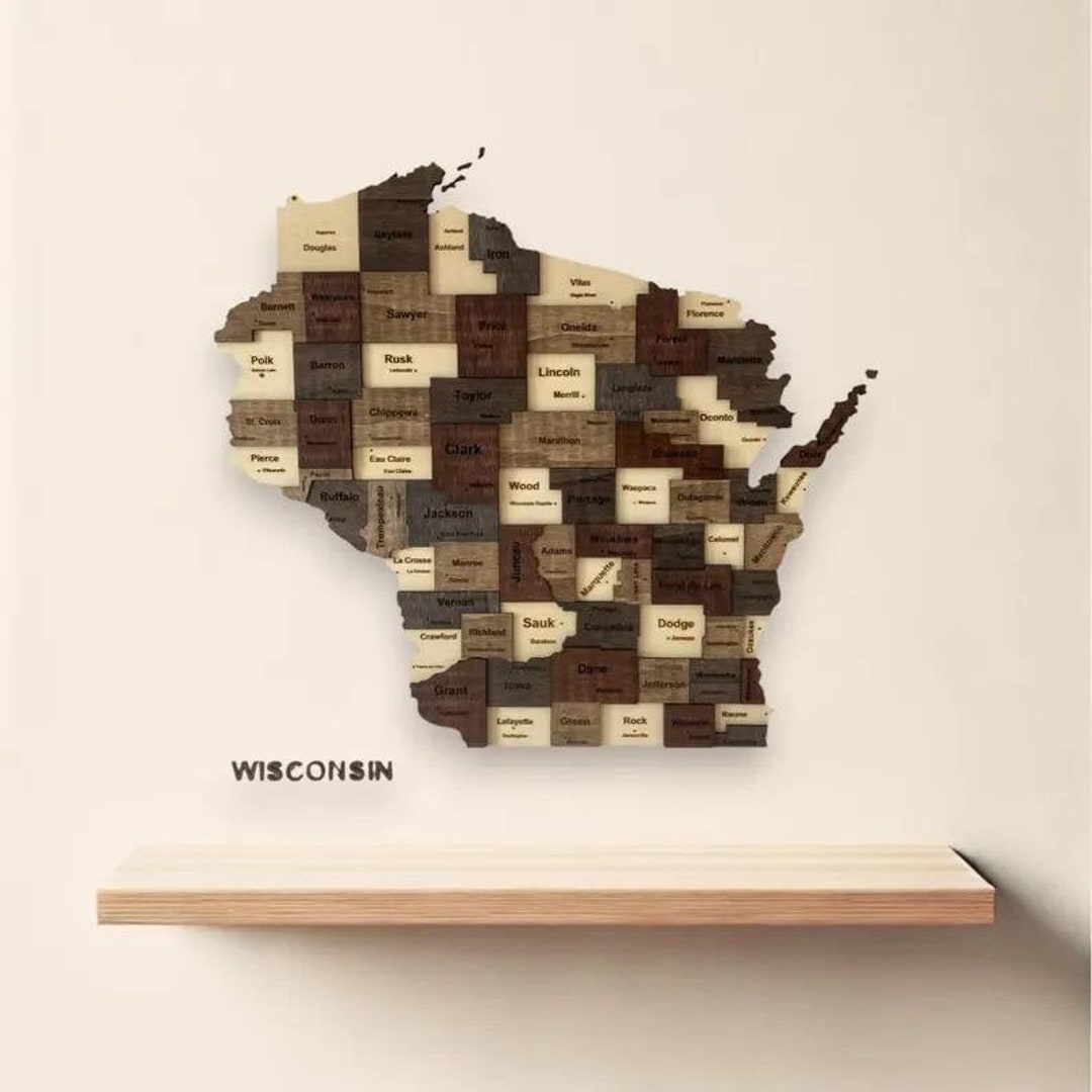 3D Wooden Wisconsin Map, Wisconsin Map Wall Decor, Rustic Wooden Wall ...