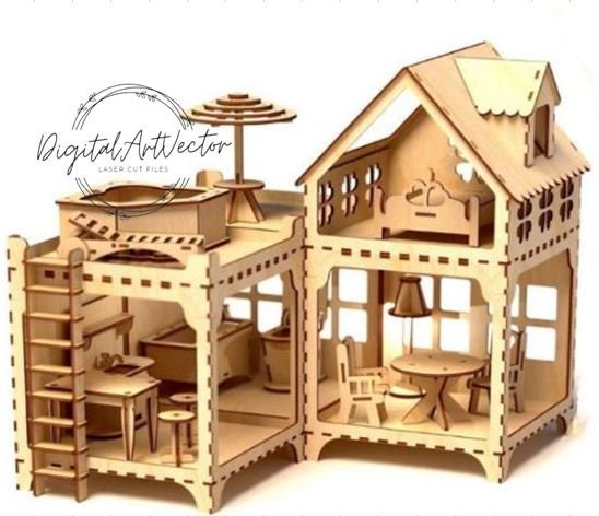 Laser Cut Doll House With Furnitures CDR DXF SVG Pdf Ai Vector Files - Etsy