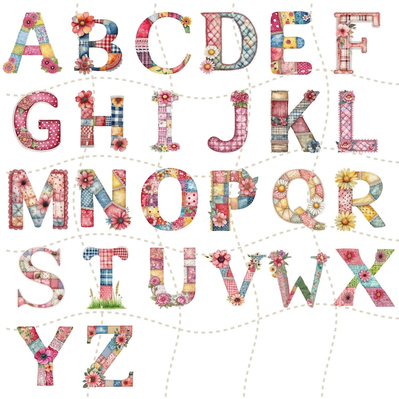 A-Z Spring Alphabet Clipart - 26 PNG Watercolor Patchwork Letters ...