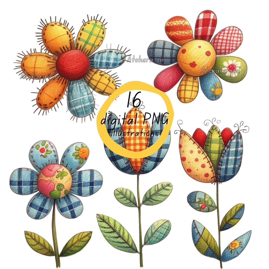 Flower Patchwork Clipart Set: 16 Colored Pencil Style PNG Elements ...